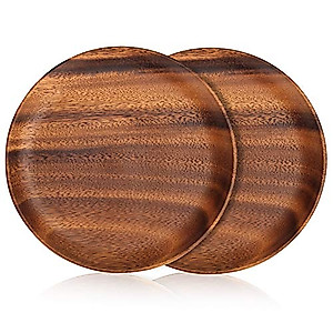 2 Pcs 10 Inch Acacia Wood Dinner Plates for Eating Wooden Round Charcuterie Boards Serving Platters for Food Dishes Cheese Tray Dessert Salad Plate Wood Charger Plates