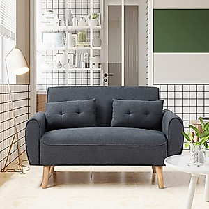 Vongrasig 47" Small Modern Loveseat Sofa, Mid Century Linen Fabric 2-Seat Sofa Couch Tufted Love Seat with Back Cushions and Tapered Wood Legs for Living Room, Bedroom and Small Space (Dark Gray)