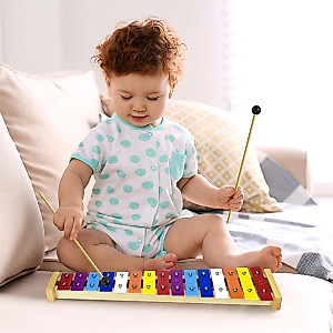 CeleMoon 15 Tone Natural Wooden Xylophone for Kids Toddler with Multi-Colored Metal Bars, Music Instrument for Preschool Educational Learning Toys for Children Boys Girls