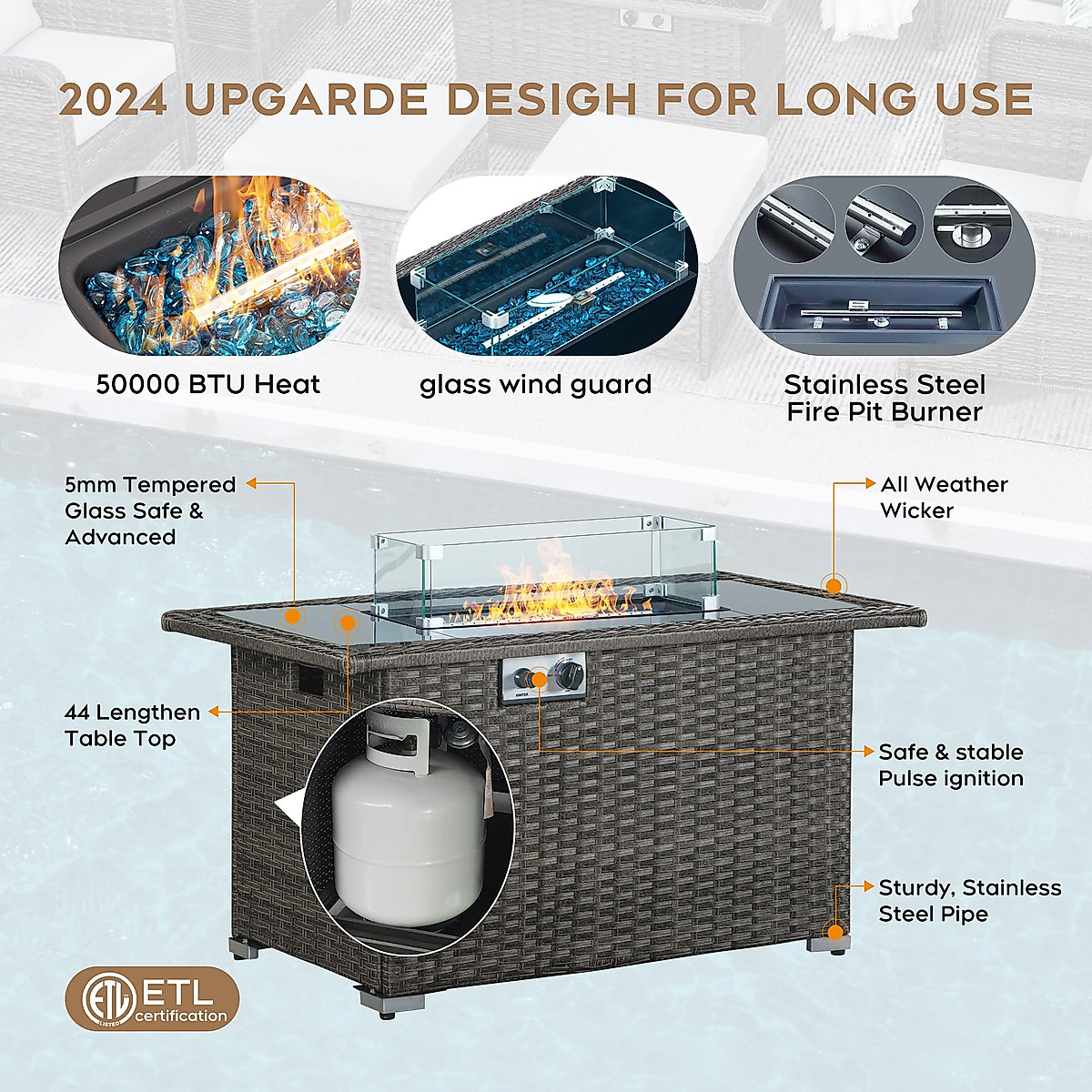 Yechen Patio Conversation Set 12 Seats with 44" Propane Gas Fire Pit Table - 9 Pcs Outdoor Wicker Furniture Set with Lid & Wind Shields - Sectional Sofa Set for Porch,Backyard