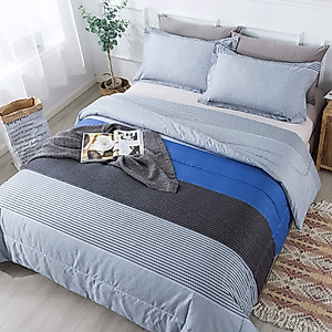 Andency Twin Comforter Set Blue (66x90 Inch), 2 Pieces Patchwork Striped Comforter Bed Sets for Boys, Soft Microfiber Down Alternative Comforter Bedding Set with Corner Loops