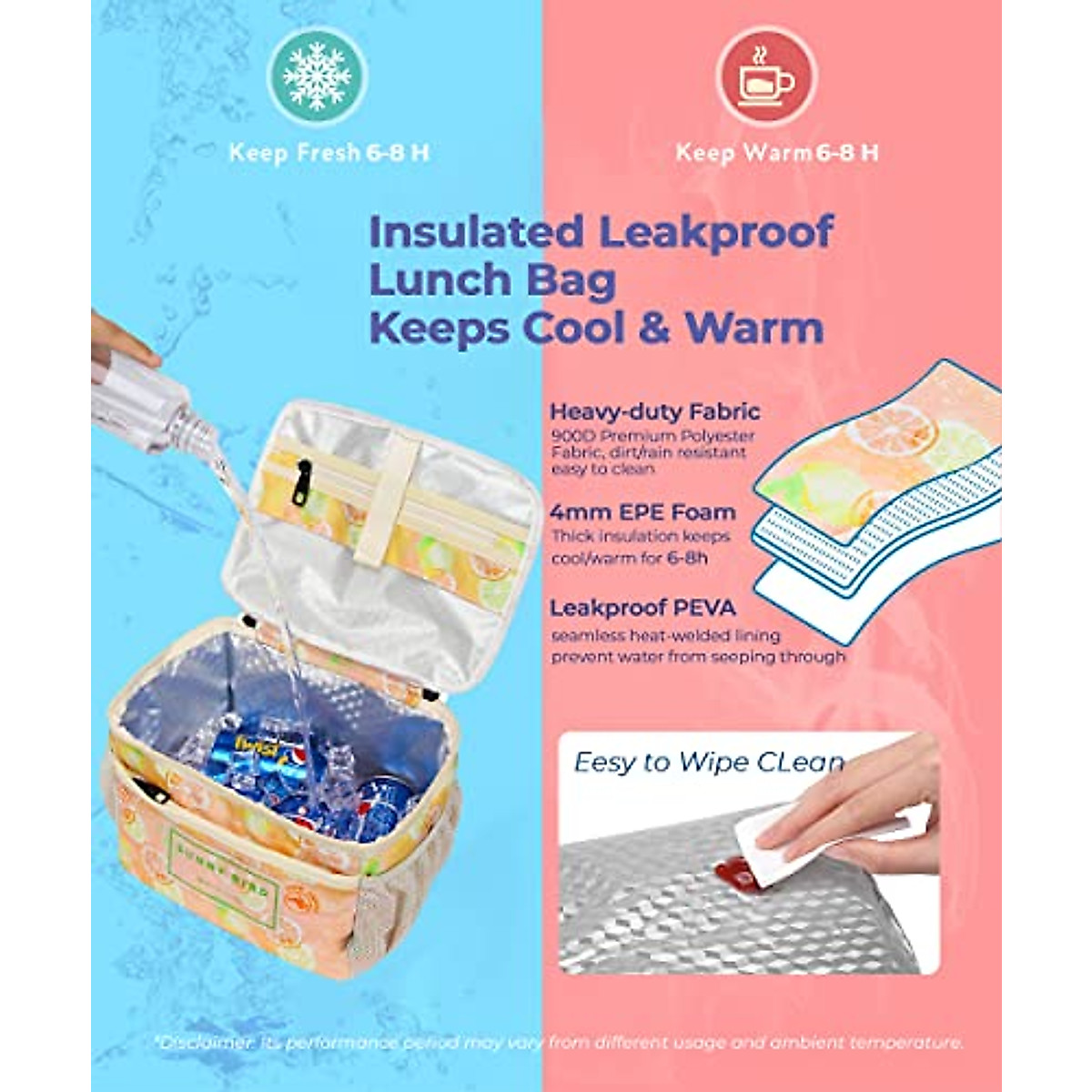 SUNNY BIRD Foldable Insulated Lunch Bag Leakproof Thermal Lunch Box for Women Men Teen with Shoulder Strap (Grapefruit Pink)