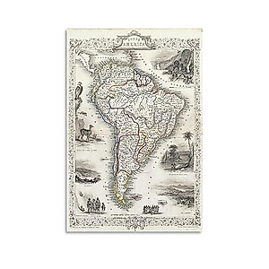 Vintage Map Poster, Map of South America from 1851, Old Map Print of Latin America, Wall Art Poster Wall Art Paintings Canvas Wall Decor Home Decor Living Room Decor Aesthetic 16x24inch(40x60cm) Unf