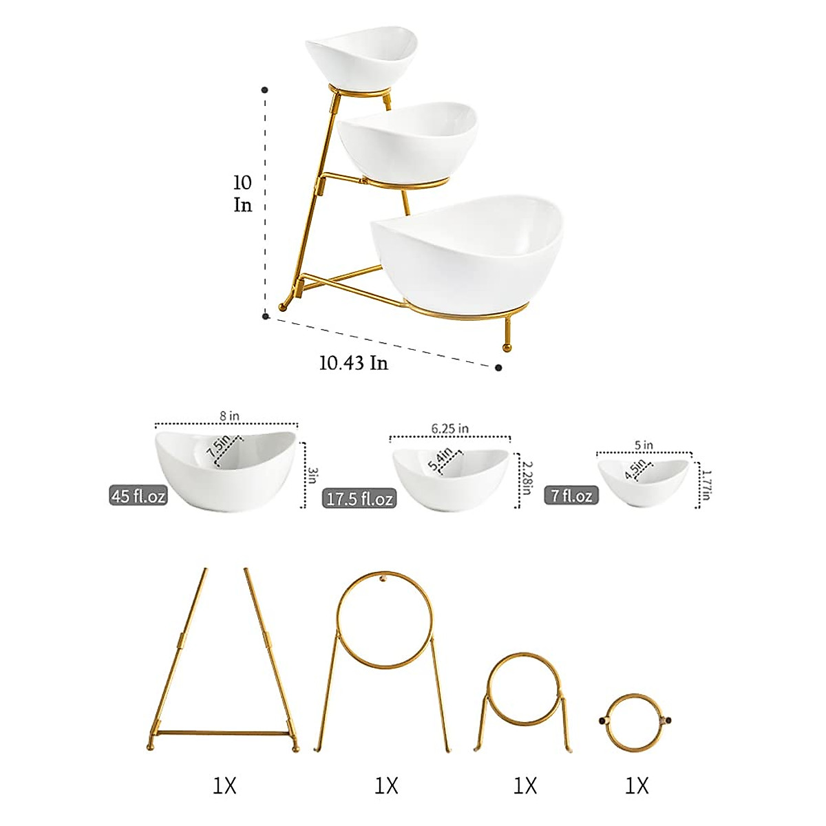 LYEOBOH 3 Tier Serving Bowls Set Tiered Serving Stand, Porcelain Oval Bowls with Collapsible Metal Stand for Entertaining, Party, Dessert Display, Candy, Chip and Dip (Gold)