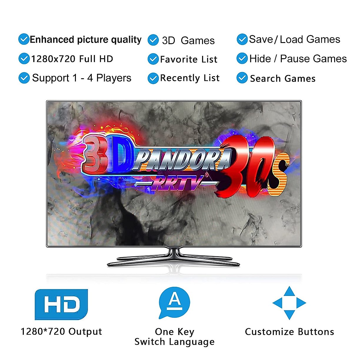 RegiisJoy 20000 in 1 Bluetooth Arcade Game Console Pandora Box 30S Wireless Game Machine for PC & Projector & TV, 2-4 Players, 1280X720, 3D Games, Search/Hide/Save/Load/Pause Games