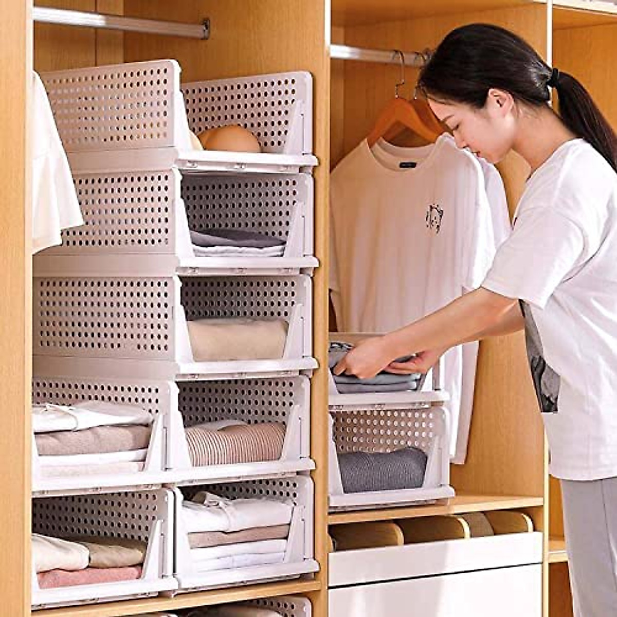 MEACOLIA 4 Pack Stackable Closet Organizer Box Foldable Storage Bins, Plastic Clothes Organizer Baskets Large Capacity Drawer Shelf Storage Containers for Wardrobe, Office, Kitchen, Bathroom (4L)