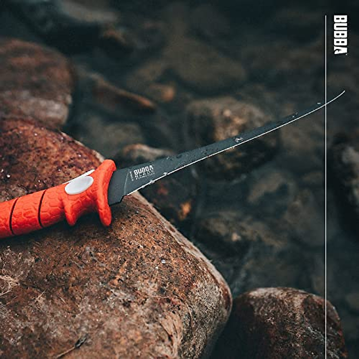 BUBBA 8 Inch Ultra Flex Tapered with Non-Slip Handle, Full Tang Stainless Steel Non-Stick Blade, Lanyard Hole and Synthetic Sheath for Fishing, Boating and Hunting
