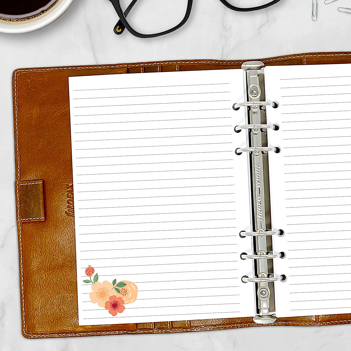 A5 Lined Flower Planner Insert Refill, Wide or College Ruled, 5.83″ x 8.27″, Fits 6-Rings Binders - Filofax, LV GM, Moterm, Choice of Quantity