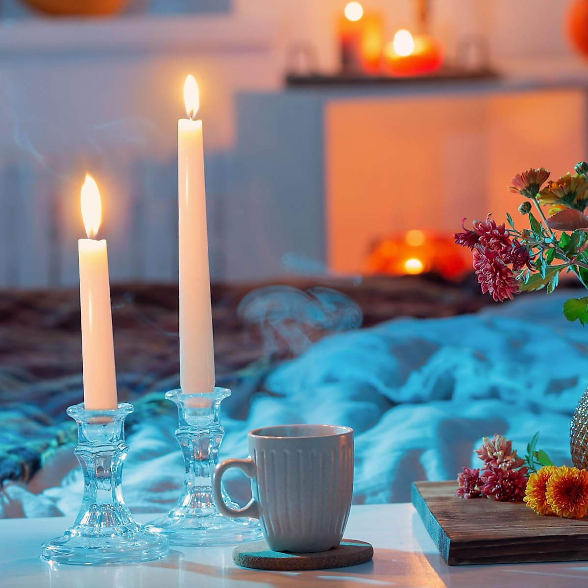 12 Pack 10 Inch Shiny White Dripless Taper Candles, 100% Soy, Non Toxic, for Home Decor, Wedding, Family Gathering, Music Festival, Restaurants, Yoga & Meditation