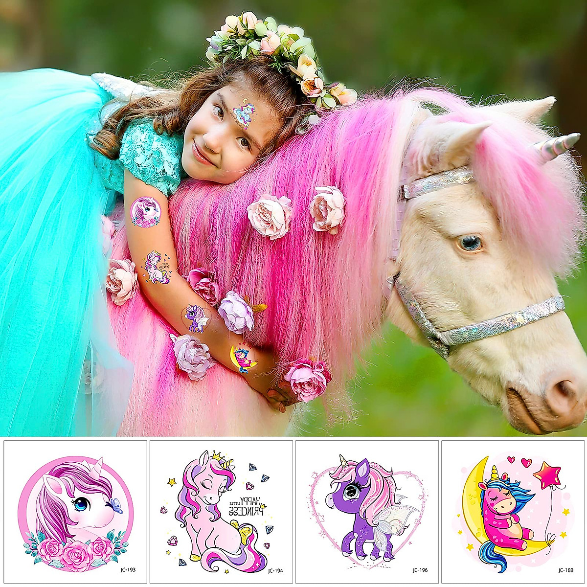 Konsait Temporary Tattoos Kids Party Decorations, 48 Sheets Fake Tattoos Games Gifts for Girls Children's Birthday Party Favors Goodie Bag Fillers Rainbow Party Supply