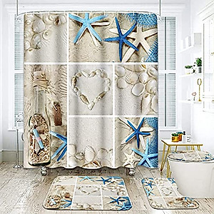 4 Piece Shower Curtain Sets, with 12 Hooks, Collage Beach Summer Seashells Sea Shell with Non-Slip Rugs, Toilet Lid Cover and Bath Mat, Durable and Waterproof, for Bathroom Decor Set, 72" x 72"