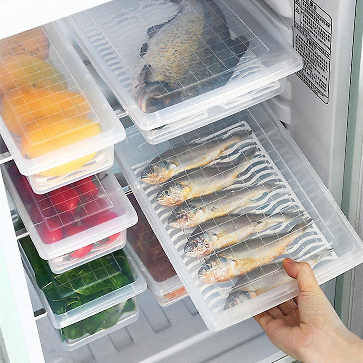 BEIJIALY Plastic Food Containers with Removable Drain Plate and Lid, Fridge Food Box Transparent Rectangular Versatile Food Storage Container Stackable Produce Containers for Home