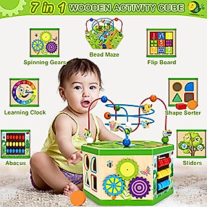 V-Opitos Learning Toys for Toddler 1, 2, 3 Years Old, 7 in 1 Wooden Activity Cube, Montessori Early Educational Toys for Baby, 12-18 Months, Ideal First Birthday Gifts for Kids Girl