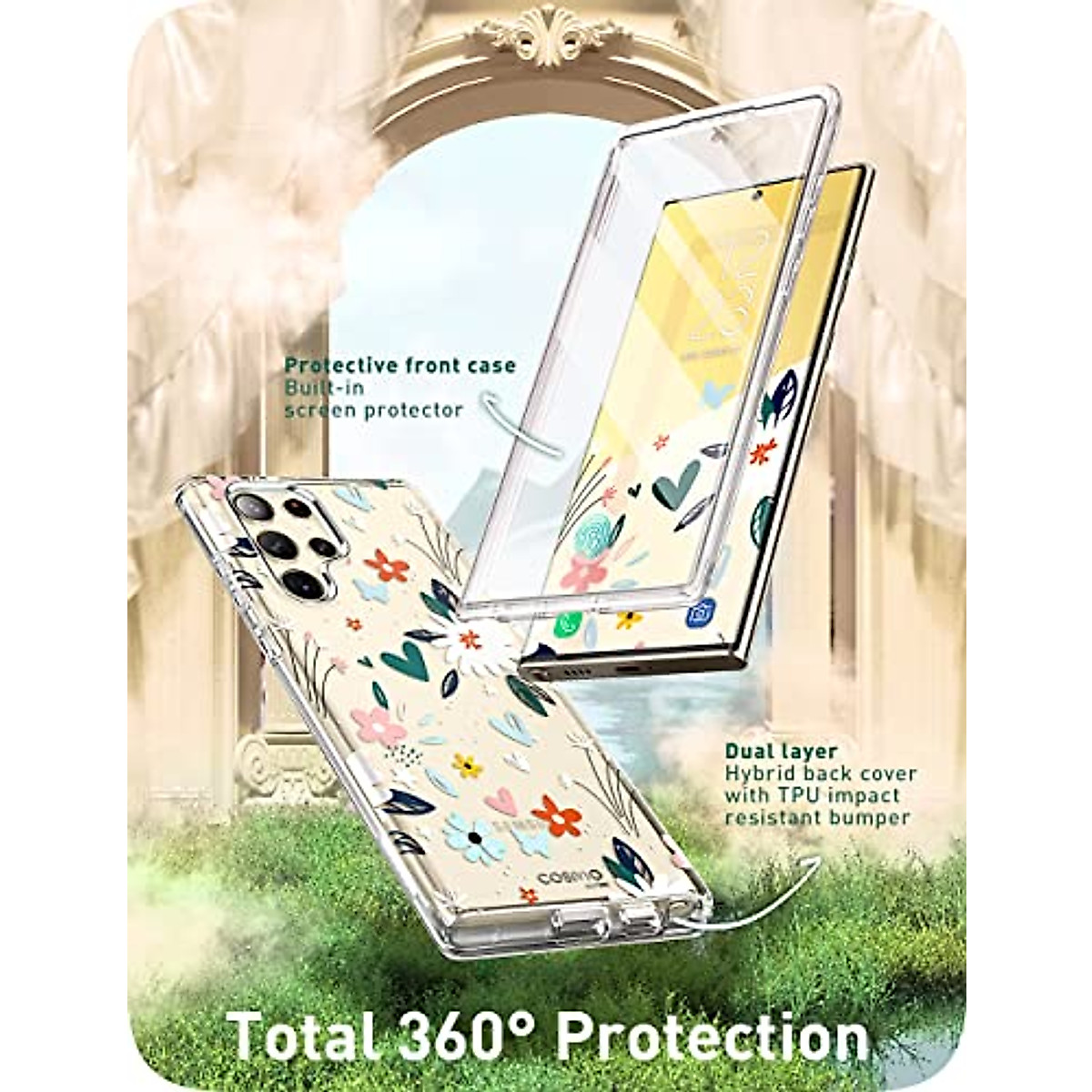 i-Blason Cosmo Series for Samsung Galaxy S23 Ultra Case 6.8" (2023 Release), [Fingerprint ID Compatible] Slim Full-Body Stylish Protective Case with Built-in Screen Protector (Flower Paint)