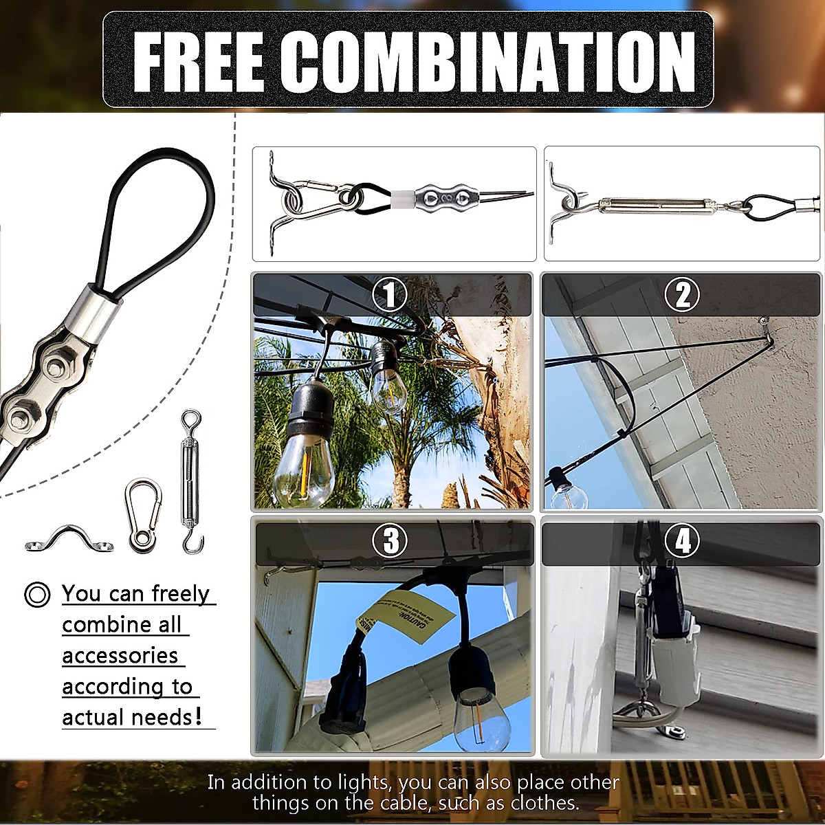 NEREUS String Light Hanging Kit with 250 Ft Nylon Coated 304 Stainless Steel Wire Rope, String Light Suspension Kit, Guide Wire with Turnbuckles and Hooks for Patio, Backyard Lighting Accessories