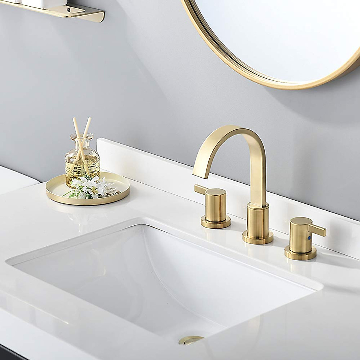 Phiestina 8 Inch 3 Hole 2 Handle Waterfall Widespread Brushed Gold Bathroom Sink Faucet with Metal Pop-Up Drain, WF040-1-BG