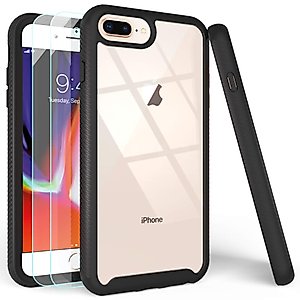 LUCKYCAT iPhone 7/8 Plus Case (5.5") with 2 Tempered Glass Screen Protectors, Shockproof Clear Multicolor Bumper - Black