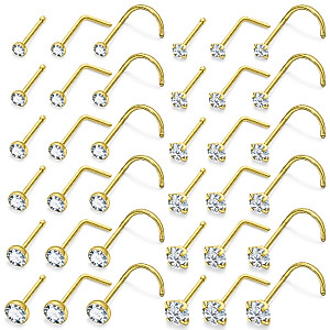 Vsnnsns 18G Nose Rings for Women 316L Surgical Stainless Steel L Shaped Nose Studs Screw Bone Nose Rings Piercings 18 Gauge Nostril Piercing Diamond CZ 1.5mm 2mm 2.5mm 3mm 3.5mm 4mm Gold