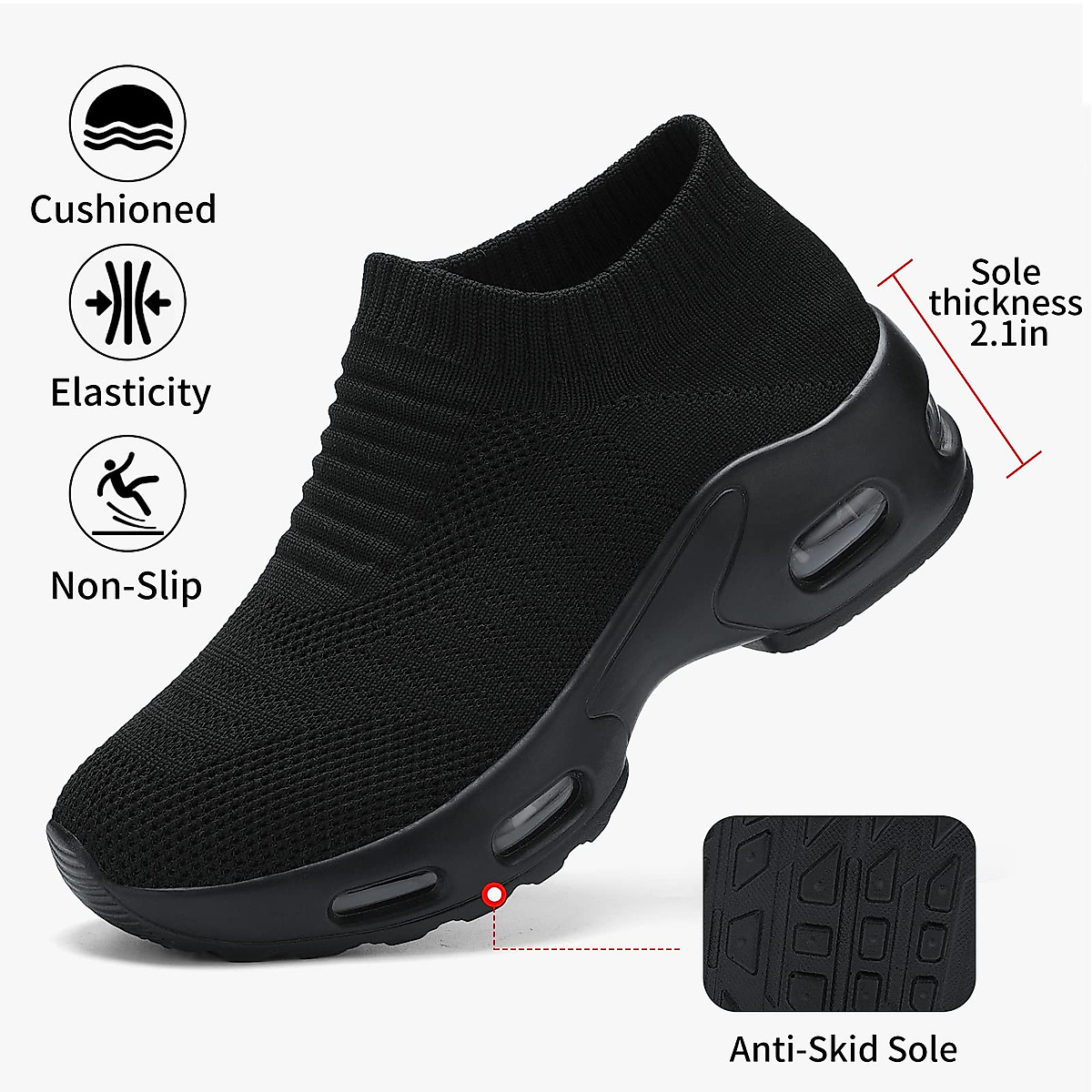 Women's Walking Shoes Sock Sneakers Light Weight Air Cushion Slip On Breathe Mesh Working Shoes Platform Loafers Allblack