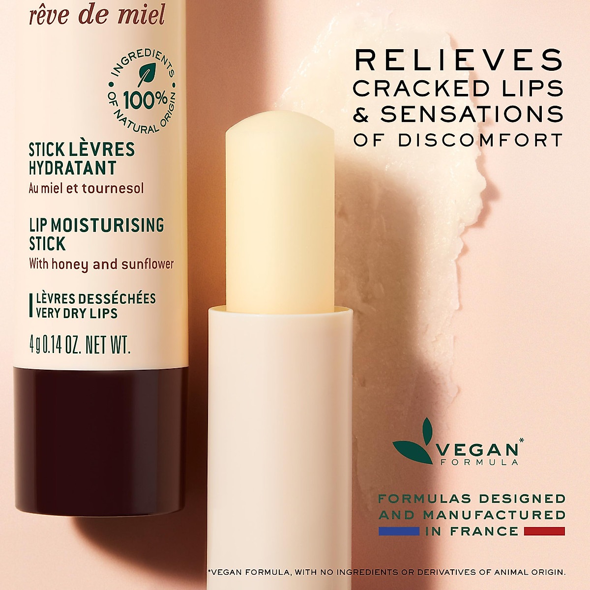 NUXE Rêve de Miel Lip Stick - 100% Natural Organic Moisturizer for Cracked & Dry Lips With Shea Butter & Vitamin E, 0.14 Oz