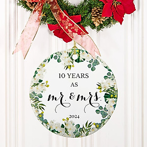 10 Year Anniversary Ornament 2024, 10th Anniversary Collectible Holiday Christmas Ornaments, 10 Year as Mr and Mrs Gift for Couple, 2.9" Ceramic 10th Wedding Anniversary Ornament