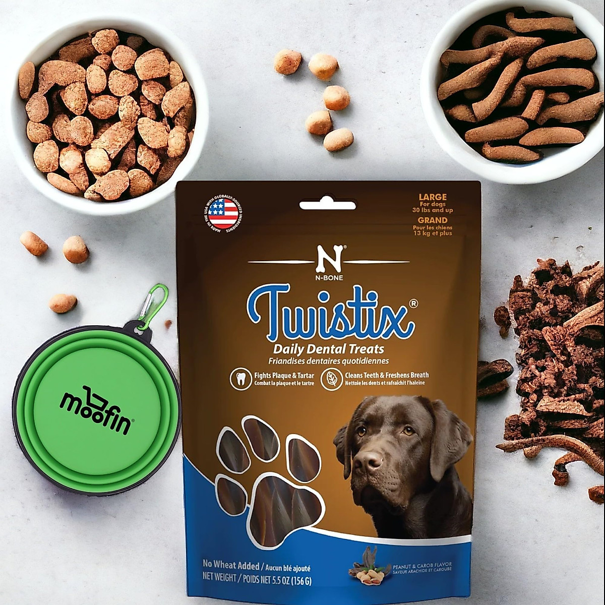 N-Bone Dental Treats Dogs 55 oz - Peanut Butter Dog Treats with Carob Flavor, Cleans Teeth, Freshens Breath - No Artificial Preservatives, with Bonus Silicon Pet Bowl, Dog Snacks [Pack of 4]