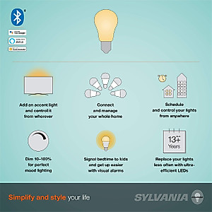 SYLVANIA SMART+ Bluetooth Clear Filament Soft White A19 LED Bulb, Compatible with Alexa, Apple HomeKit and Google Assistant, 1 pack