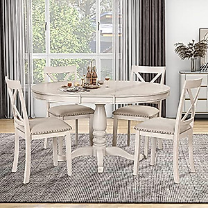 SZUBEE 4 5-Piece Extendable Round Set Solid Dining Table and X Back Wood Chairs for Kitchen Dinette, Antique White