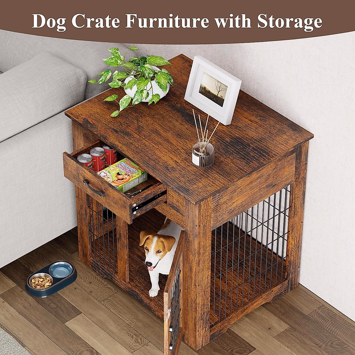 Rovibek Waterproof Dog Crate Furniture with Storage, Brown, Heavy Duty Metal Mesh and Wooden Countertop