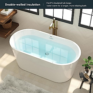 FerdY Shangri-La 55" Acrylic Freestanding Bathtub, Classic Oval Shape Soaking Bathtub with Toe-Tap Chrome Drain and Classic Slotted Overflow Included, Modern White, cUPC Certified