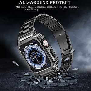 MioHHR Stainless Steel Band and Case Compatible with Apple Watch Band 45mm, Men Metal Protective Bumper Cover for iWatch Series 9/8/7, Black