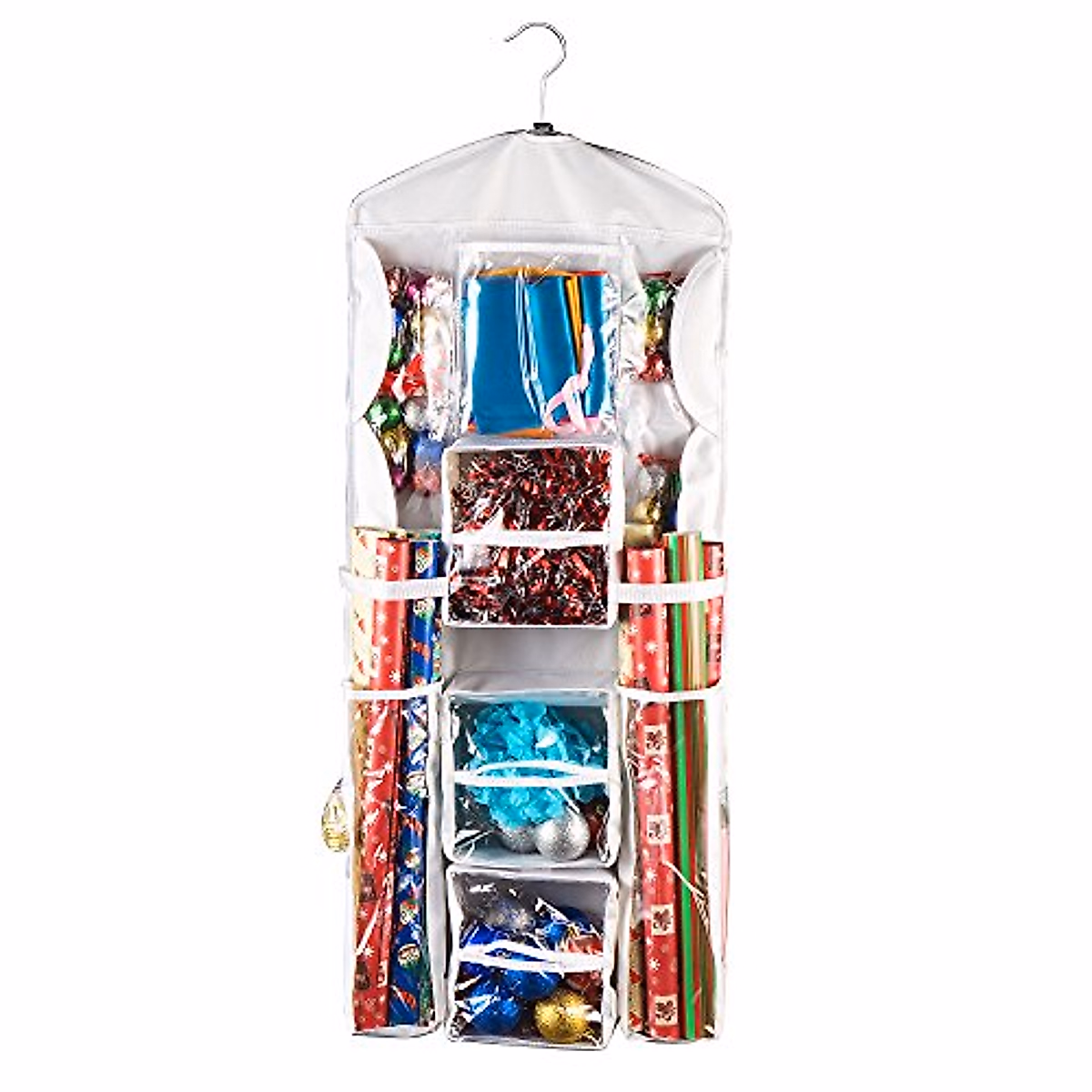 Wrapping Paper Storage Organizer- Dual Sided Hanging Gift Wrap Station- Clear Compartments for 30” Rolls, Ribbon, Bows, Gift Bags & More by Elf Stor