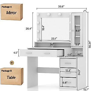 Likein Makeup Vanity with Charging Station, Makeup Vanity Desk with Mirror and Lights, Dressing Table with Nightstand Drawers & Cabinet for Women Girls Bedroom