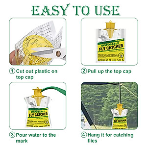Outdoor Fly Traps 8 Pack with Adjustable Hanging Strings (8 PCS), Disposable Hanging Fly Traps with Natural Pre-Baited Bags | Effective Fly Killer for Backyard, Patio, Park or Farm Yellow