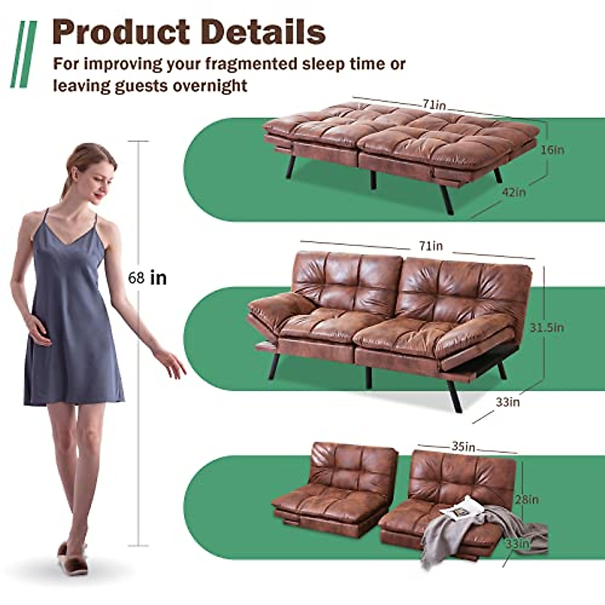 Opoiar Futon Sofa Bed,Lounge Memory Foam Sleeper Couch Room,Convertible Loveseat for Compact Living Spaces Studio Apartment,Dorm,Home Office,71"-Brown-Faux Leather-Thicker versio, 713331.5