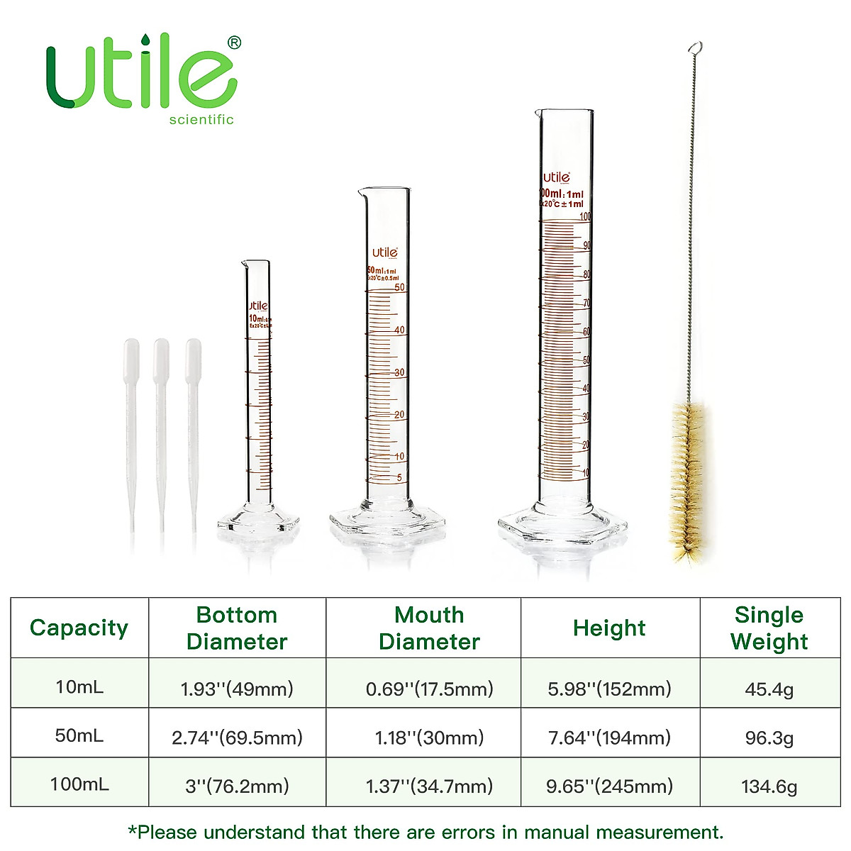 Utile Glass Graduated Cylinder Set, 3 Sizes Measuring Cylinders in 10ml 50ml 100ml, Borosilicate 3.3 Glass with Hexagonal Base, 3ml Transfer Pipettes and 1 Cleaning Brush Offered, 4099.0016.1.
