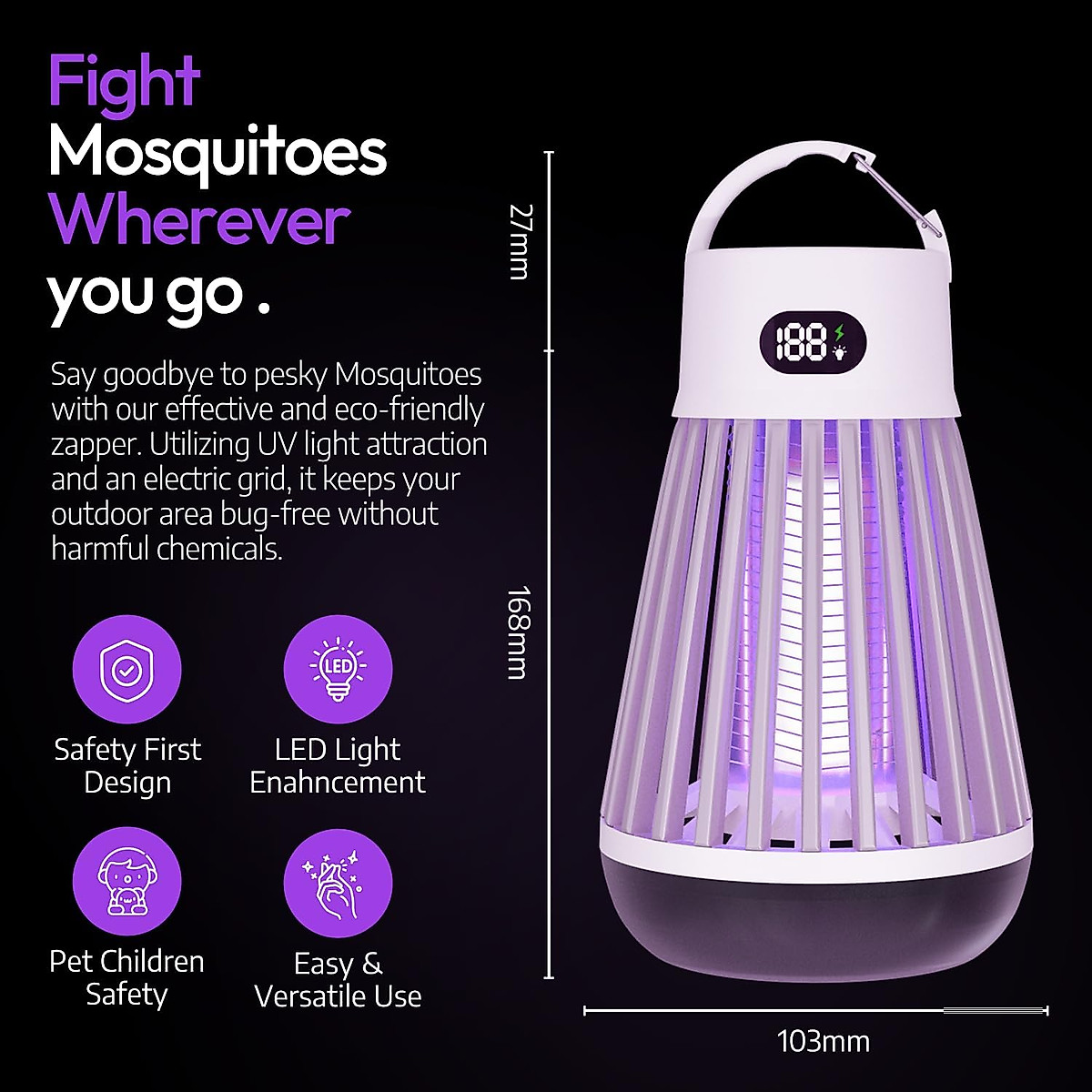 Zappify Zapper 2.0 White Portable Bug Zapper, Indoor & Outdoor, Cordless Rechargeable Mosquito Zapper, Hanging Hook, 1500V High Voltage, Trap for Fly, Insect, Mosquito & Bugs