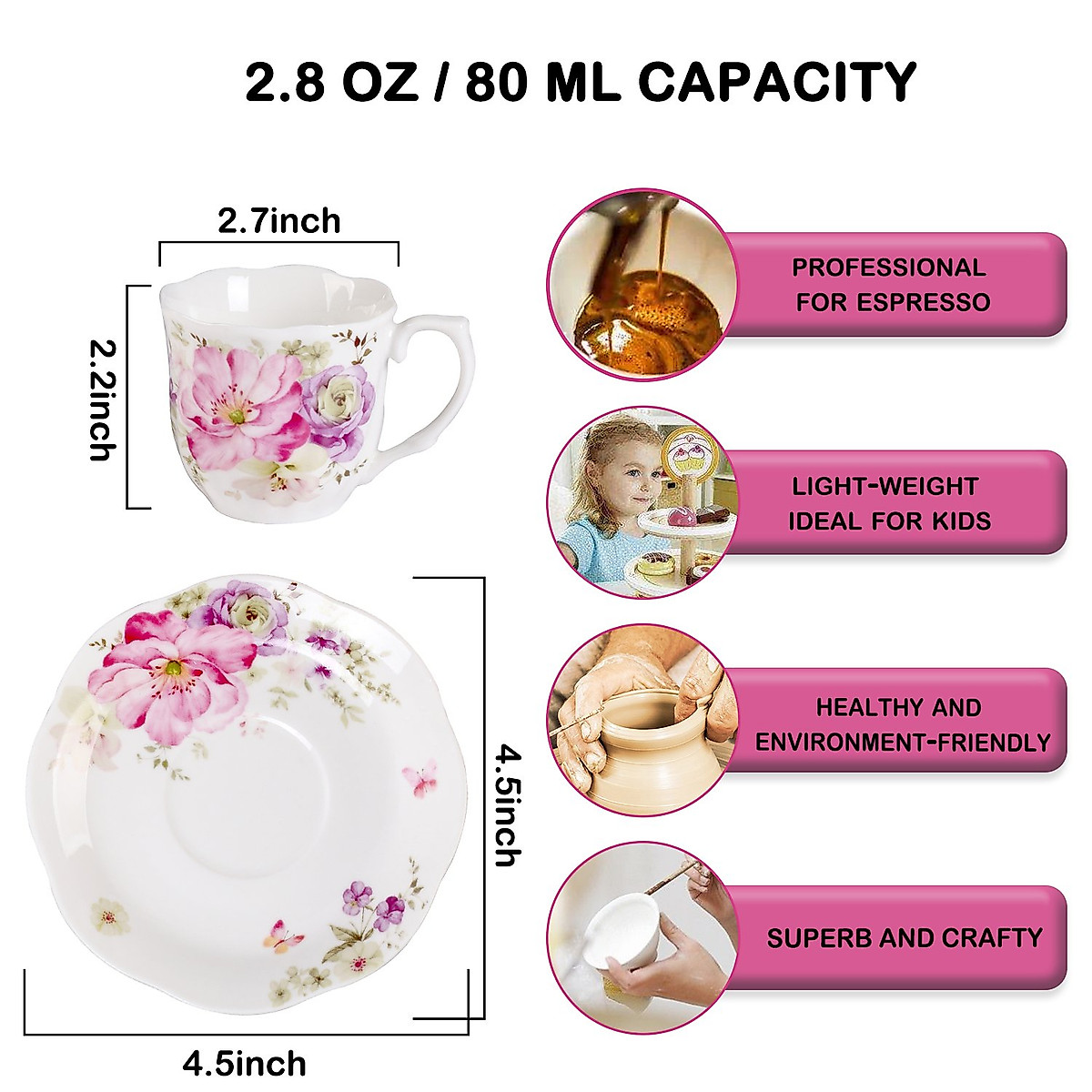 GuangYang 12 Pieces (Tiny Style) Espresso Cups and Saucers，2.5 ounce/80ml，Set of 6,Mini Premium Porcelain Coffee Cup Set, Fancy Flower Pattern Design