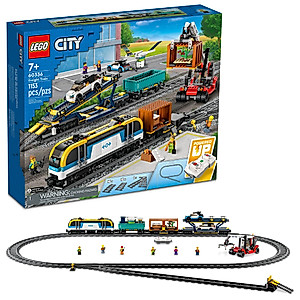 LEGO City Freight Train Set, 60336 Remote Control Toy for Kids Aged 7 Plus with Sounds, 2 Wagons, Car Transporter, 33 Track Pieces and 2 EV Car Toys