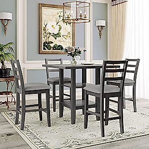 UMISOL 5 Piece Square Dining Table Set for Small Space, Farmhouse Style Counter Height Table Set with 2 Tier Storage Shelving and 4 Padded Chairs (Gray)