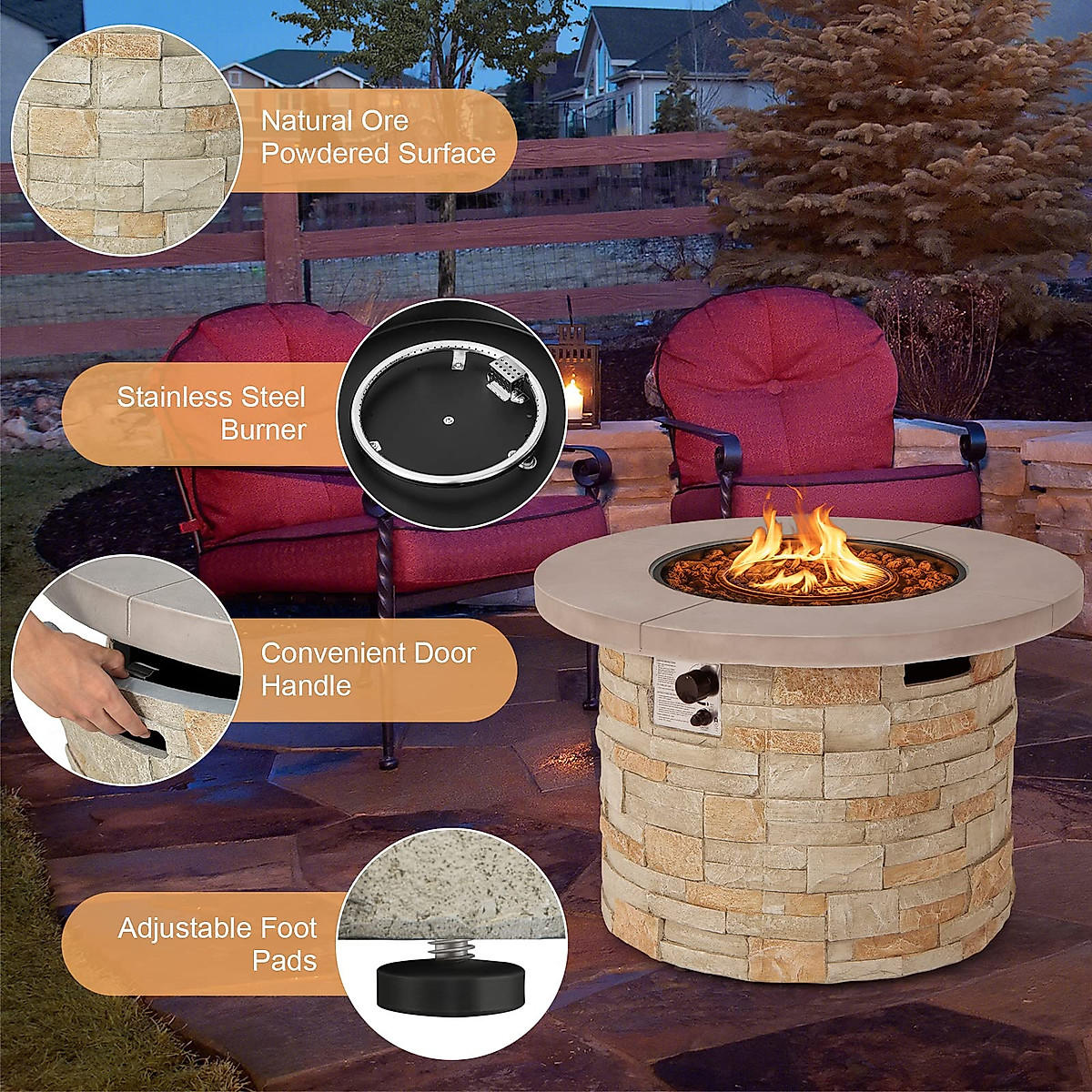 Tangkula 50,000 BTU Propane Gas Fire Pit Table, Patiojoy 36” Round Propane Firepit with Removable Lid, Volcanic Rock & PVC Cover, Outdoor Fire Pit Table with Faux Stone Surface for Patio, Backyard