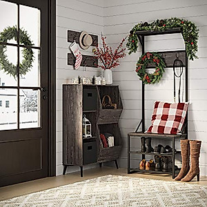 RiverRidge Home Woodbury Collection Storage Cabinet with Cubbies and Veggie 2pc Bin-Black, Weathered