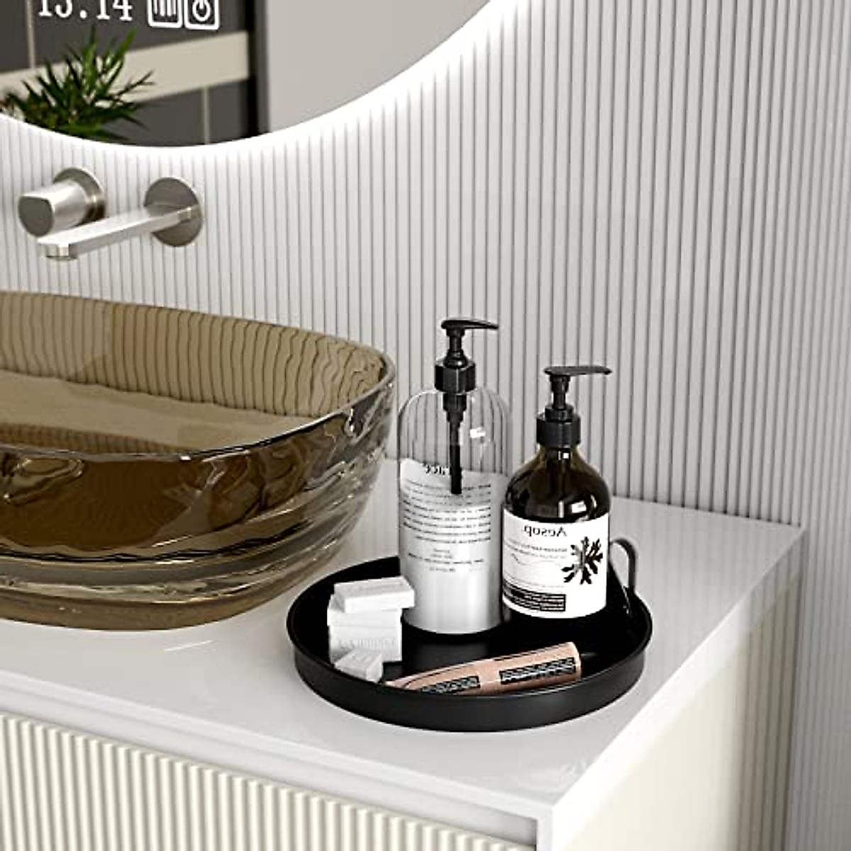 EKNITEY Circle Decorative Serving Tray - Round Vanity Tray, Bathroom Tray for Jewelry, Perfume, Coffee, Candle, Cosmetic (Black,10.6")