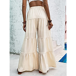 WDIRARA Women's Flowy Boho Elastic High Waist Ruffle Hem Wide Leg Beach Loose Palazzo Pants Beige M