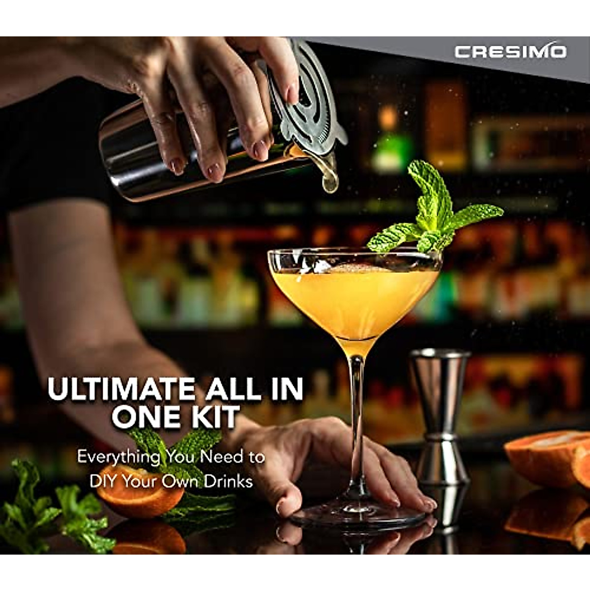 4pc Boston Cocktail Shaker Set - Bartender Kit with Martini Drink Shaker & Cocktail Set Bar Accessories: 28oz / 18oz Martini Shaker, Strainer, Jigger & Recipe Guide - Cocktail Mixer Bar Set - Cresimo