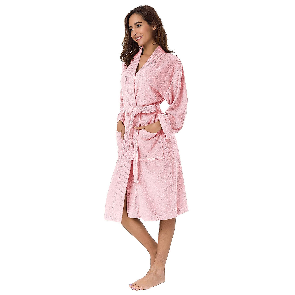 SIORO Terry Cloth Robes for Women Cotton Kimono Bathrobe Towel Soft Fuzzy Absorbent Long Sleeve Calf Length Robe Plush Warm Shower Housecoat，Light Pink Small