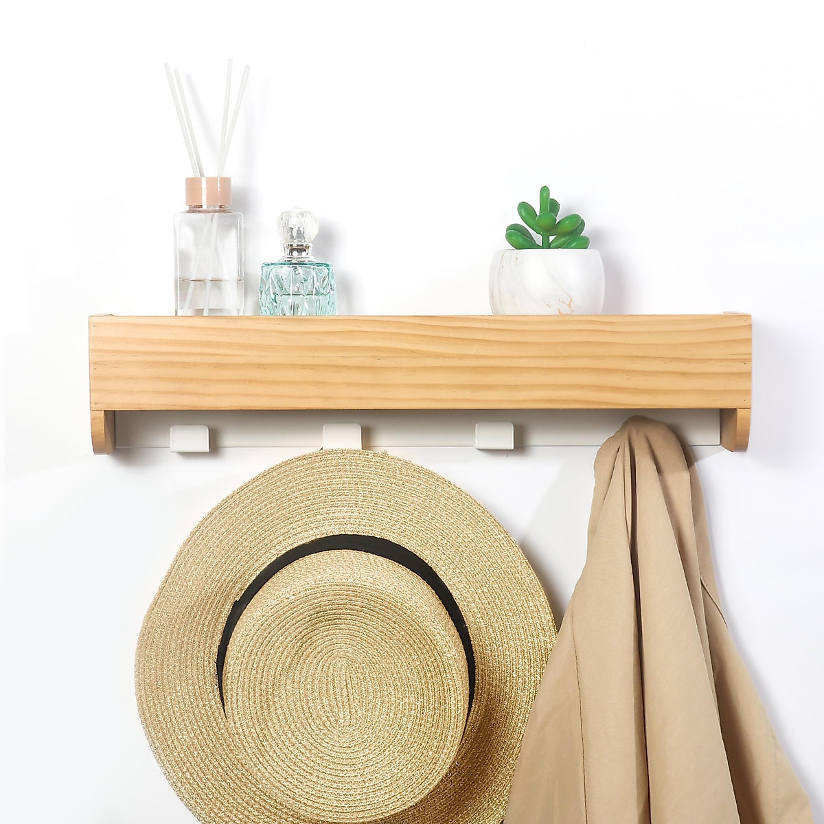 JSVER Coat Rack Wall Mount with Shelf Wood Wall Hooks with Storage, Entryway Shelf with 4 Hangers for Bathroom, Living Room, Bedroom, Rustic Brown