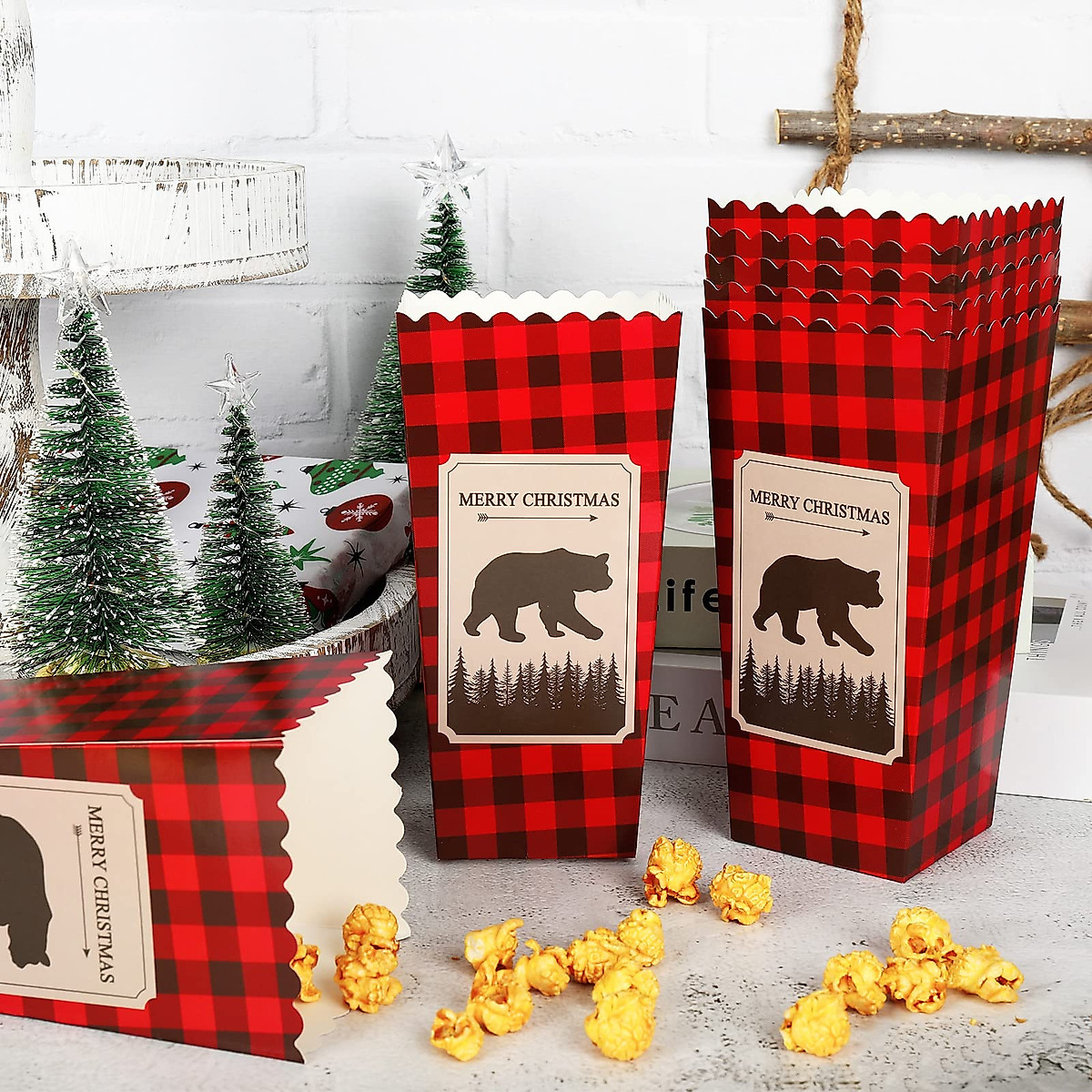 Whaline 30Pcs Christmas Popcorn Boxes Brown Bear Printed Paper Popcorn Buckets Red Black Plaid Popcorn Containers Christmas Party Favor Popcorn Treat Box for Xmas Movie Party Theater Night Supplies