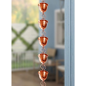Monarch Rain Chains 26558 Pure Copper Hammered Cup Rain Chain Replacement Downspout for Gutters, 8-1/2 Feet Length