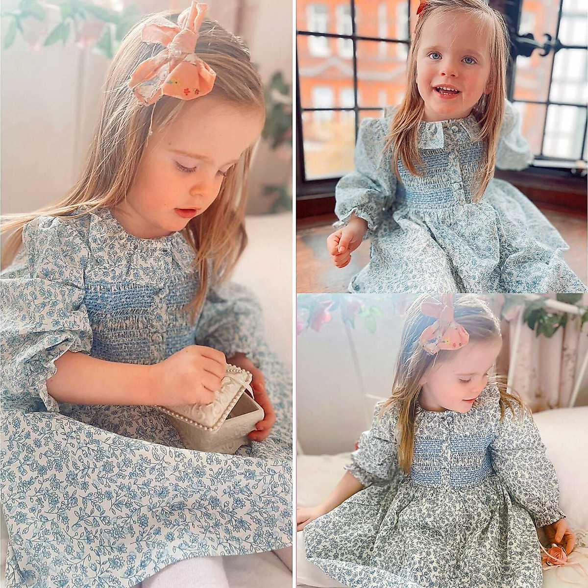 Curipeer Baby Girls Long Sleeve Floral Dress Flower Printed Smock Toddler Ruffle Dress for Autumn and Spring Blue 12M